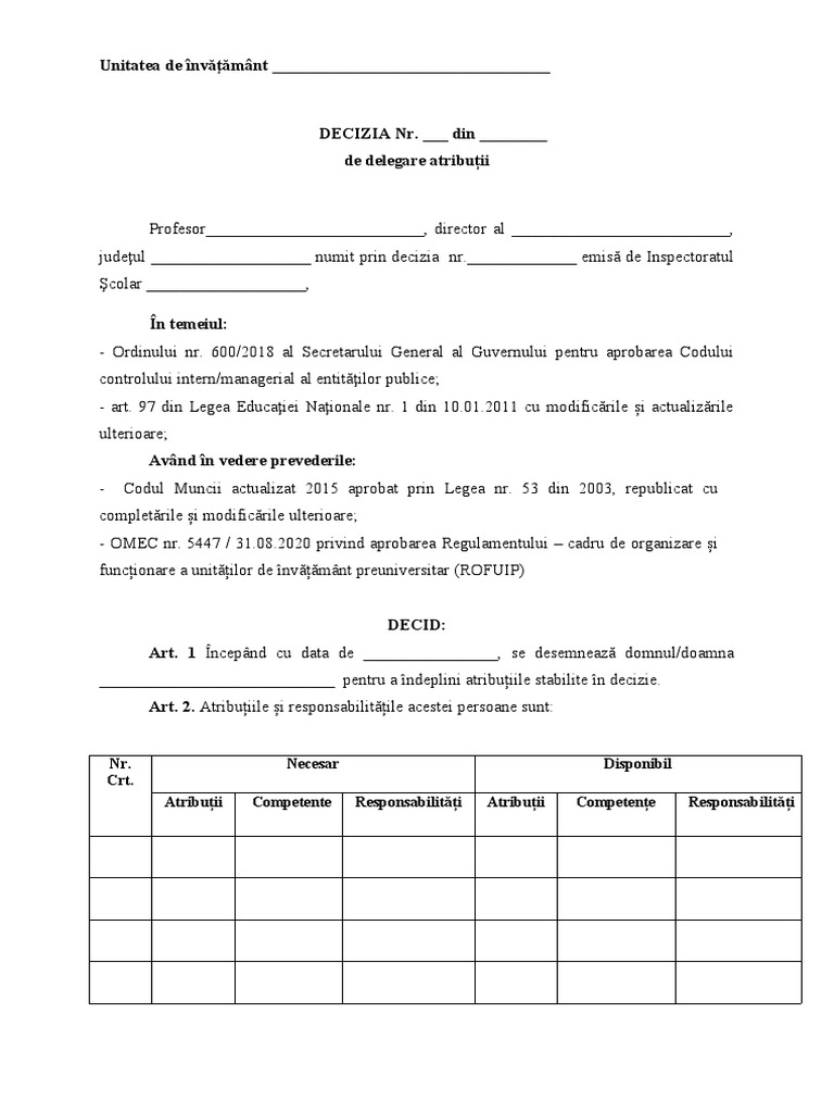 Decizie Delegare Atributii | PDF