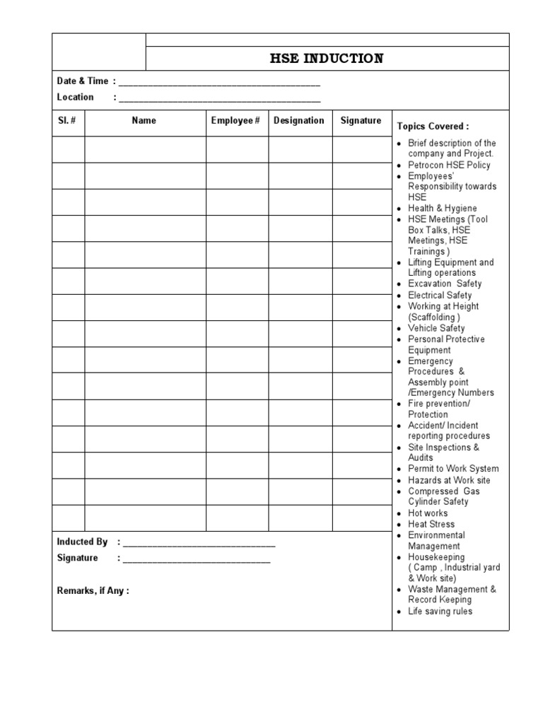 HSE Induction Checklist and Guidelines | PDF | Occupational Safety And ...