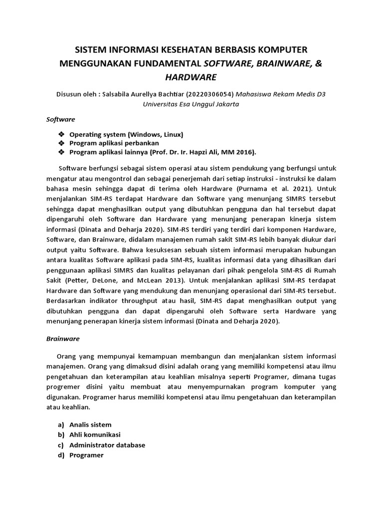 Sistem Informasi Kesehatan: Software, Hardware, Brainware | PDF