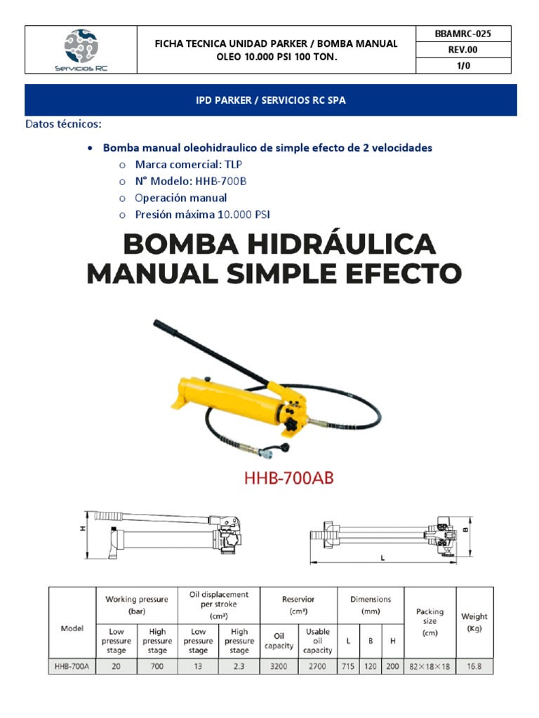Ficha Tecnica Bomba Hidraulica Manual | PDF
