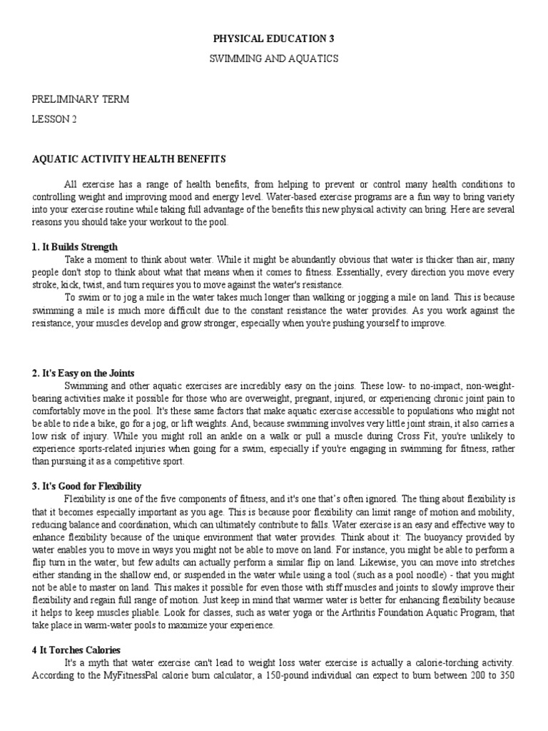 P.E Lesson 2 | PDF | Swimming | Flexibility (Anatomy)