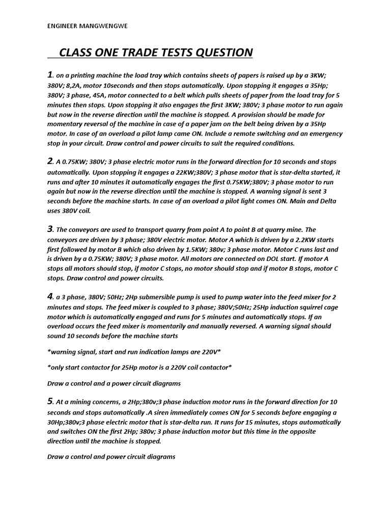 Trade Test Class 1 | PDF | Electric Motor | Relay