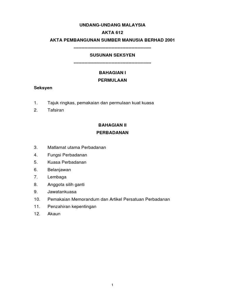 BM - Akta Pembangunan Sumber Manusia Berhad 2001 Akta612 | PDF