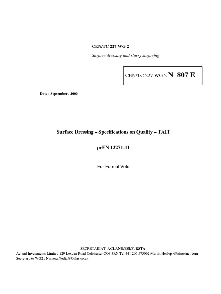 PrEN 12271-11 - Type Approval Installation Trial (TAIT) | PDF