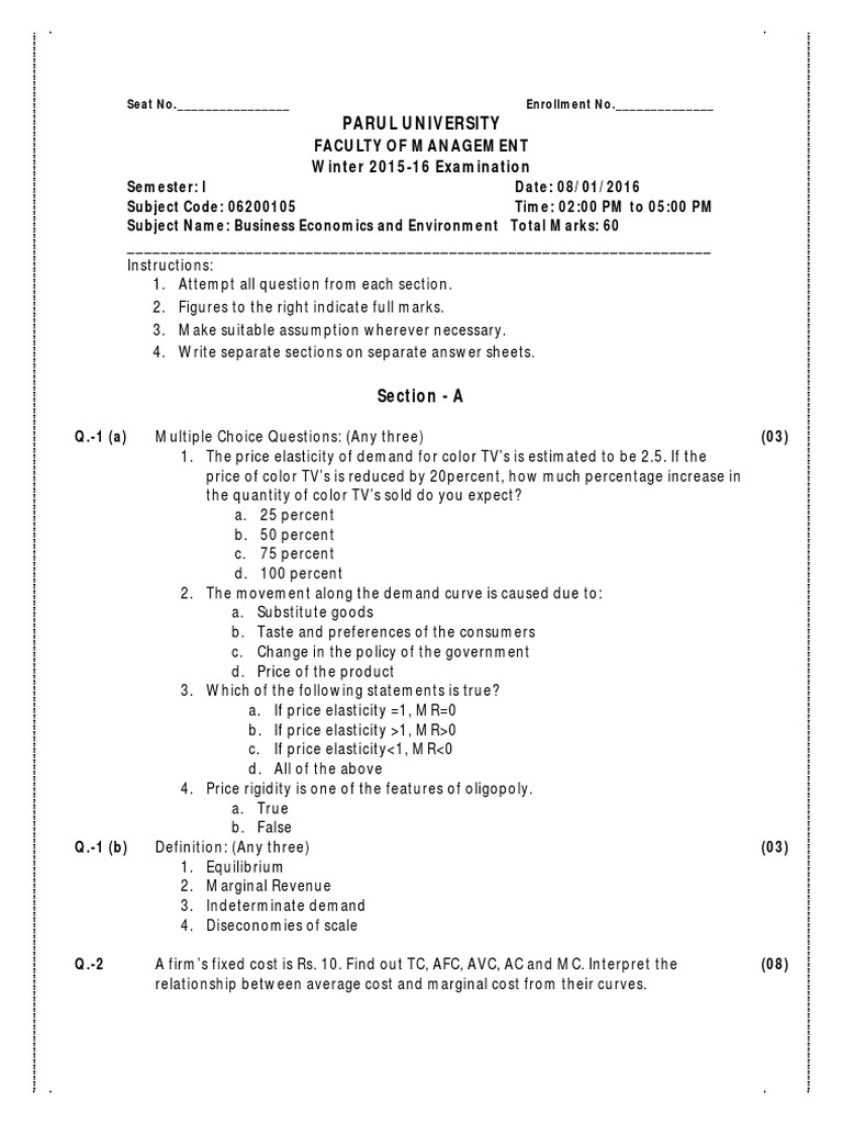 Business Economics Exam Paper 2015-16 | PDF | Inflation | Phillips Curve