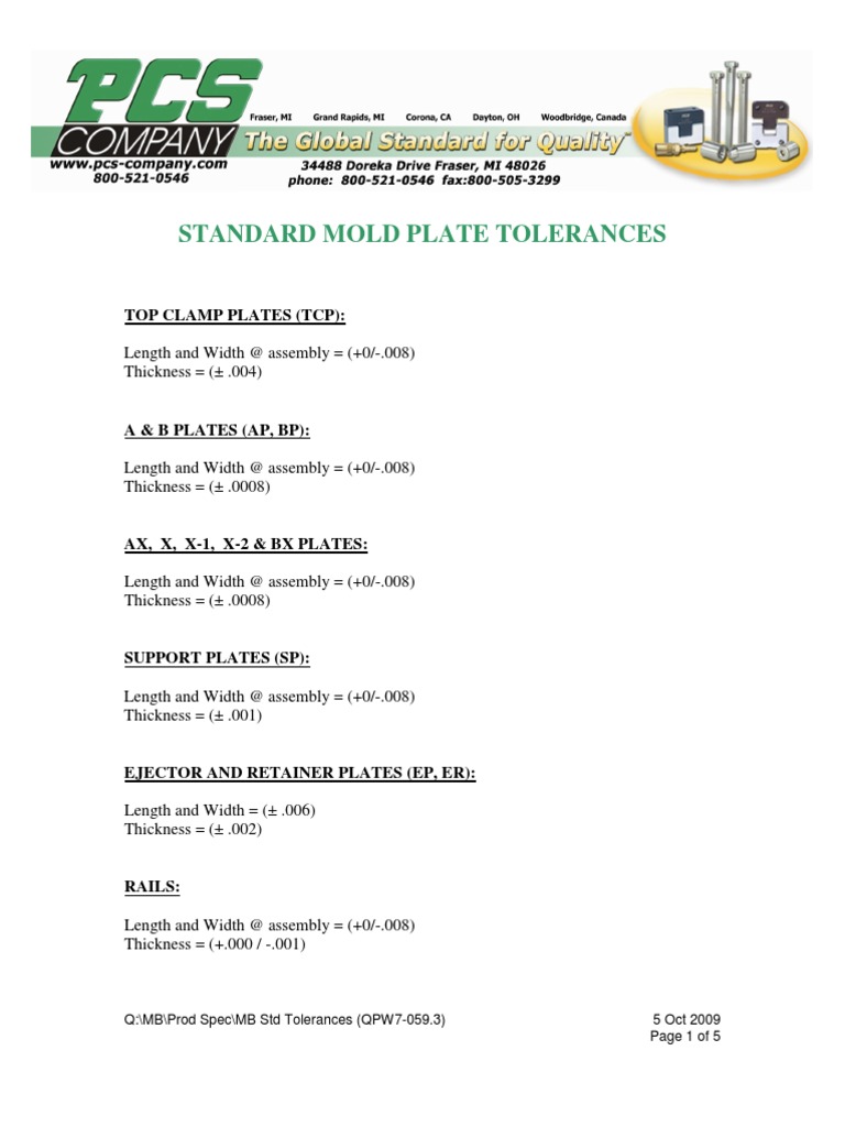 Mold Base Standard Tolerances | PDF