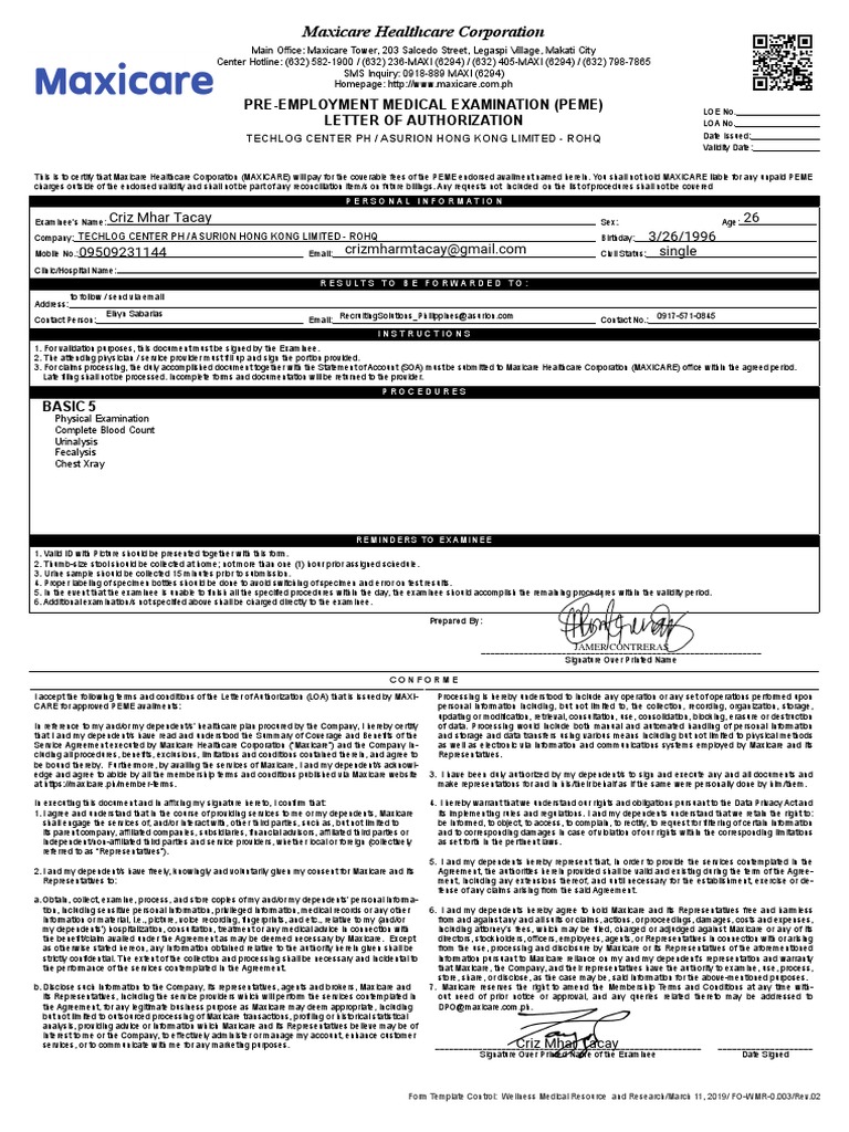 Maxicare Healthcare Corporation Letter of Authorization for Pre ...