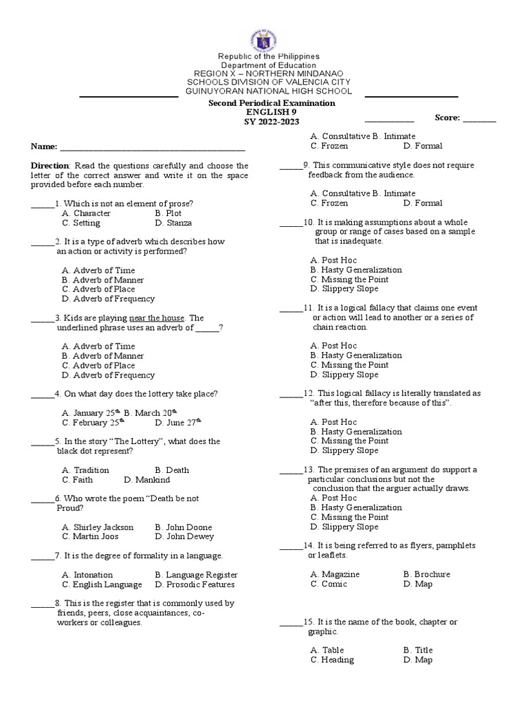 English 9 q2 | PDF | Fallacy | Narration