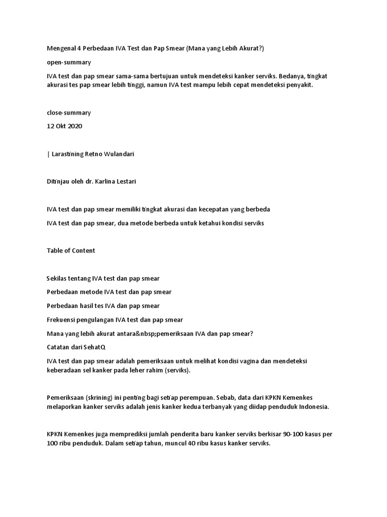 Panduan IVA Test vs Pap Smear | PDF | Sains & Matematika