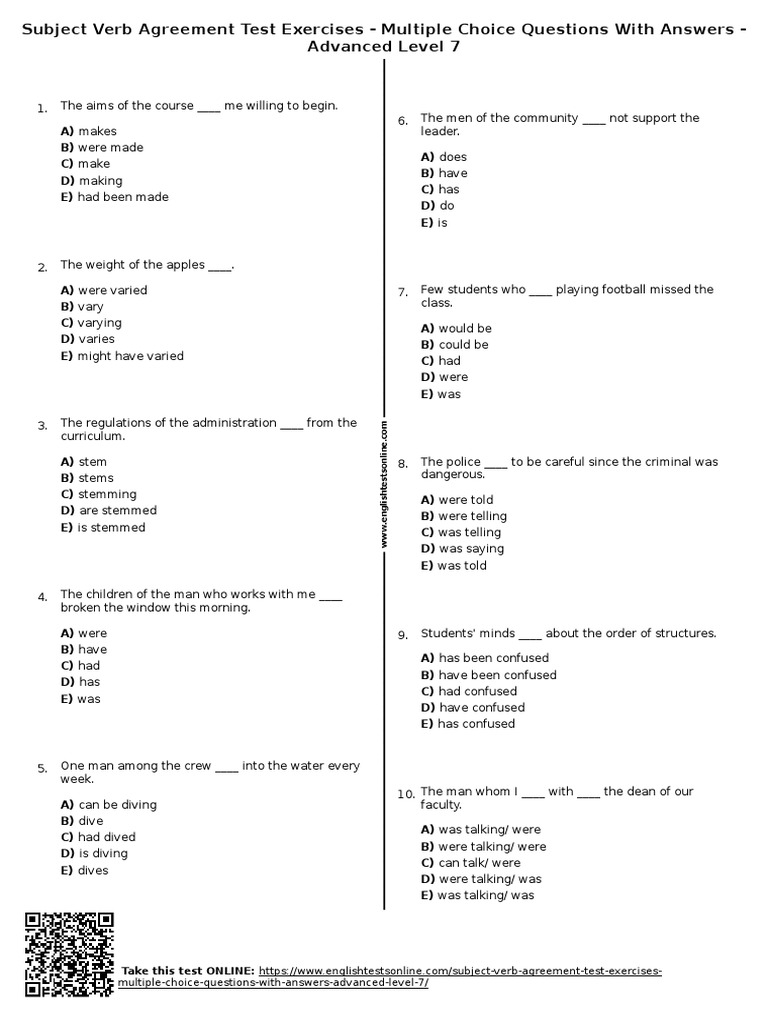 Subject-Verb Agreement MCQs with Answers | PDF | Multiple Choice | Gce ...