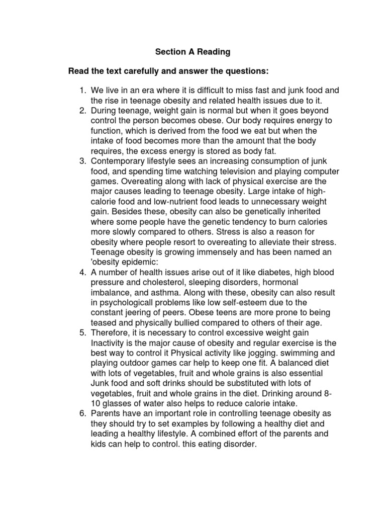 Section A Reading Read The Text Carefully and Answer The Questions ...