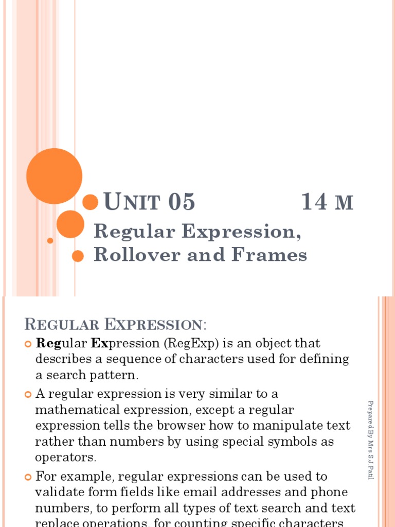 Unit-5 Regular Expression, Rollover and Frames | PDF | Html Element | Regular Expression