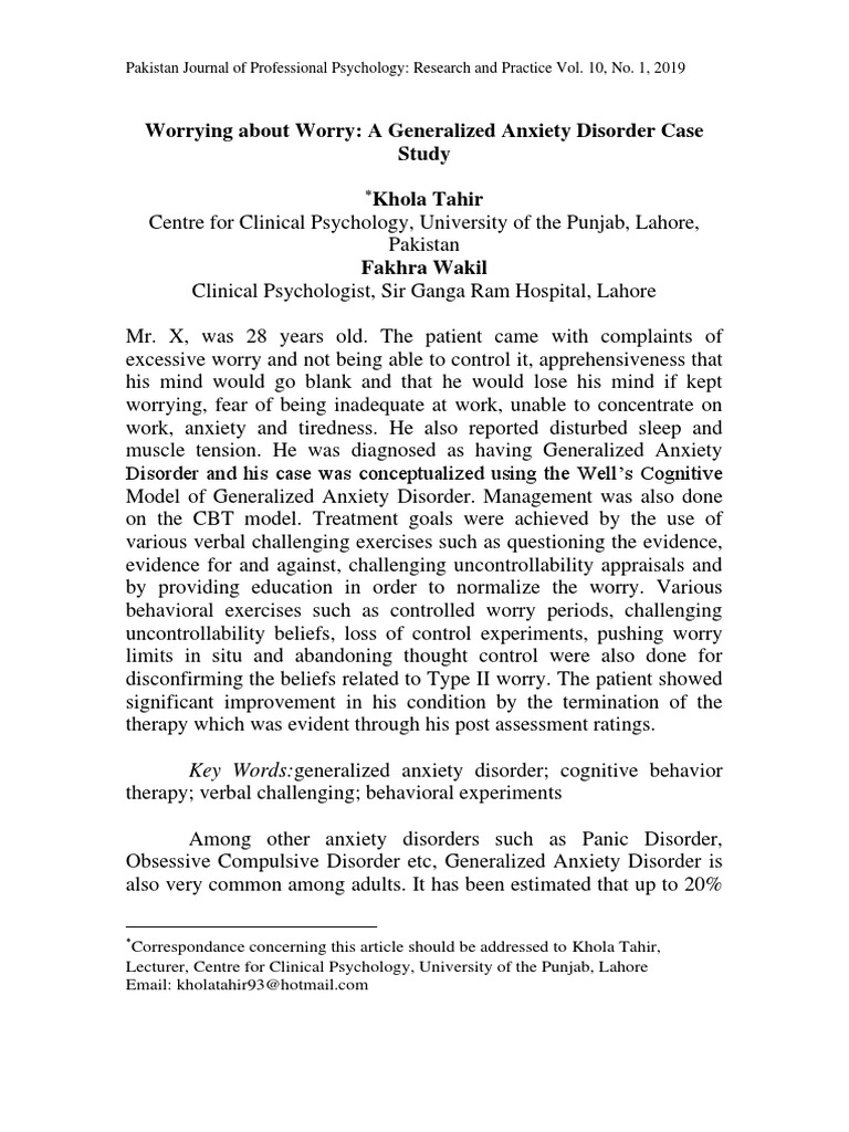 Worrying About Worry: A Generalized Anxiety Disorder Case Study Khola ...