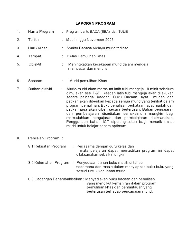 Laporan Program Baca & Tulis | PDF | Karier & Perkembangan | Seni