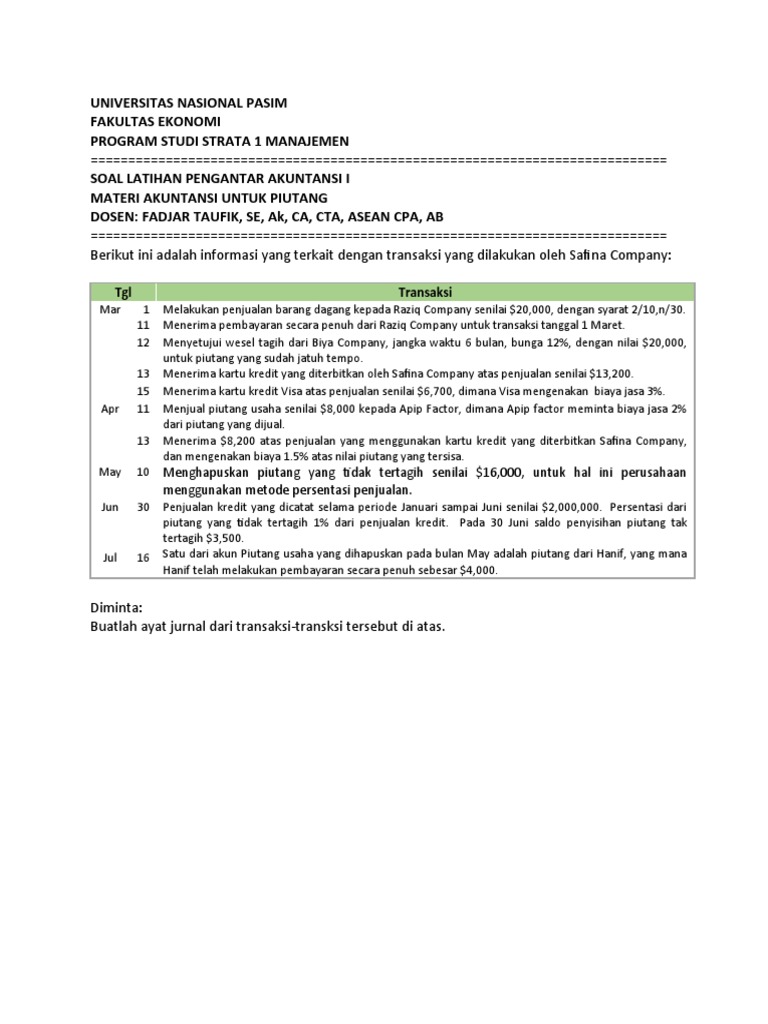 Soal Latihan Akt Untuk Piutang | PDF | Bisnis | Pengelolaan Keuangan & Uang