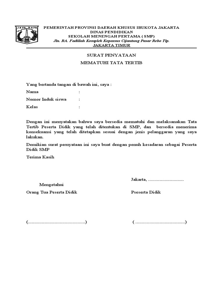 SURAT PERNYATAAN MEMATUHI TAta Tertib | PDF