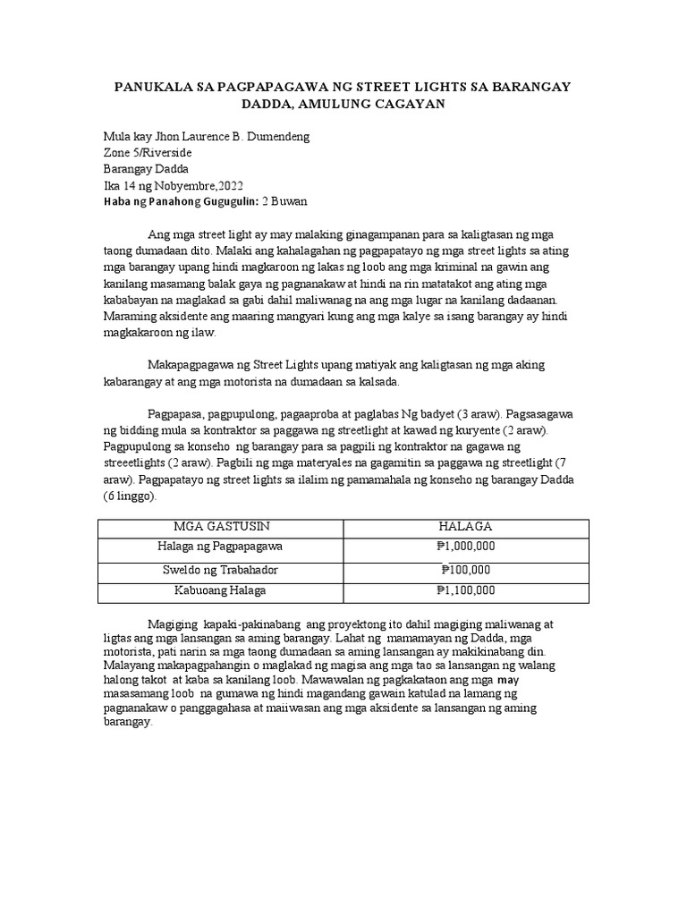 Panukala Sa Pagpapatayo NG Street Lights | PDF