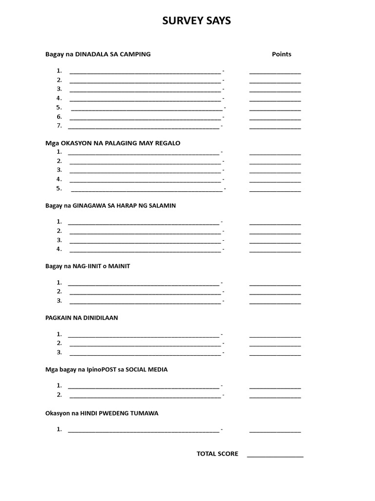 Survey Says Game Sheet | PDF