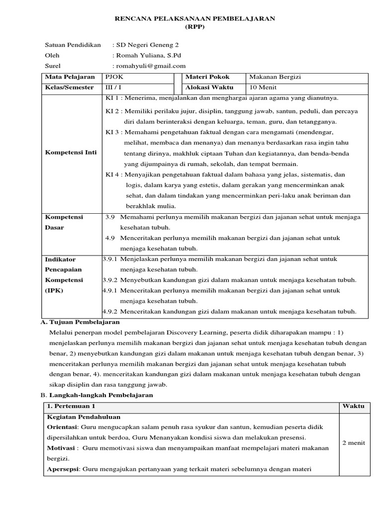 RPP Kelas 3 Gizi | PDF