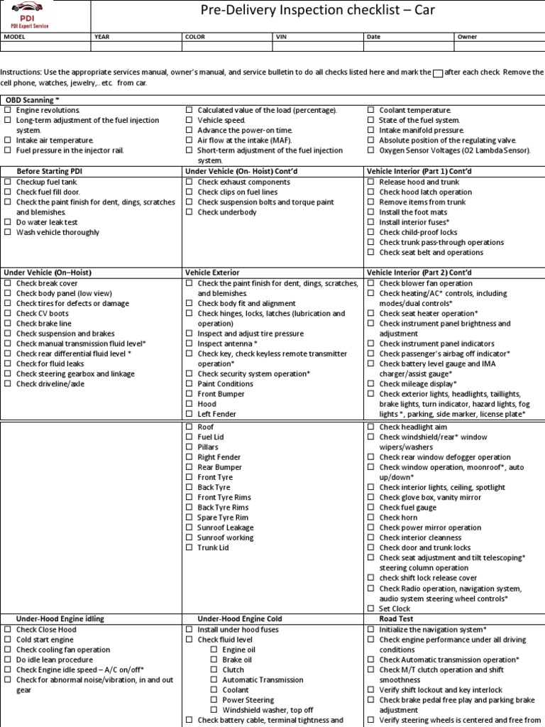 Pre-Delivery Inspection Checklist - New Car | PDF | Technology ...