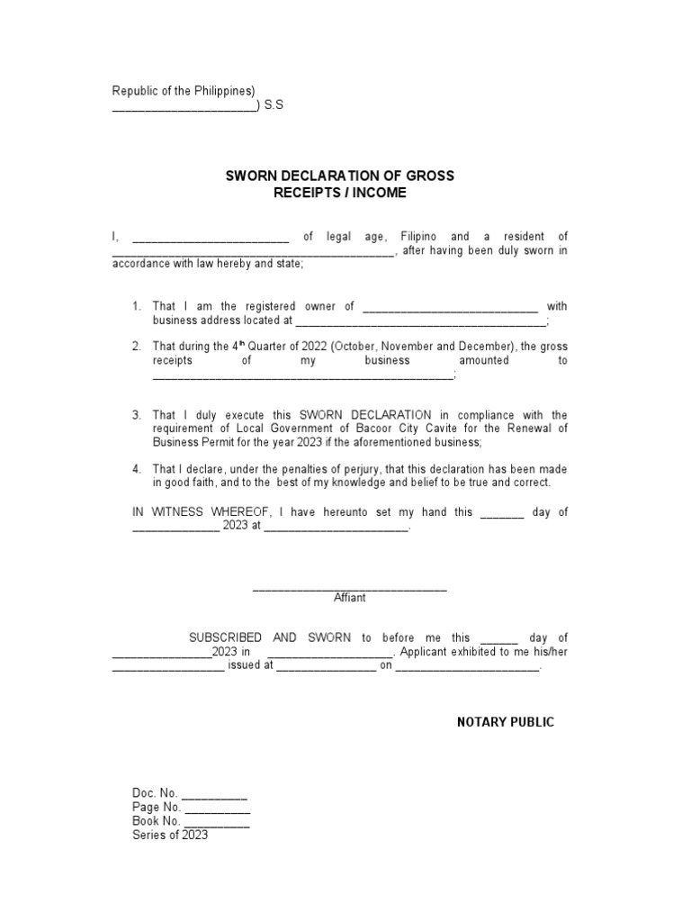 Sworn Declaration of Gross Income | PDF | Business | Law