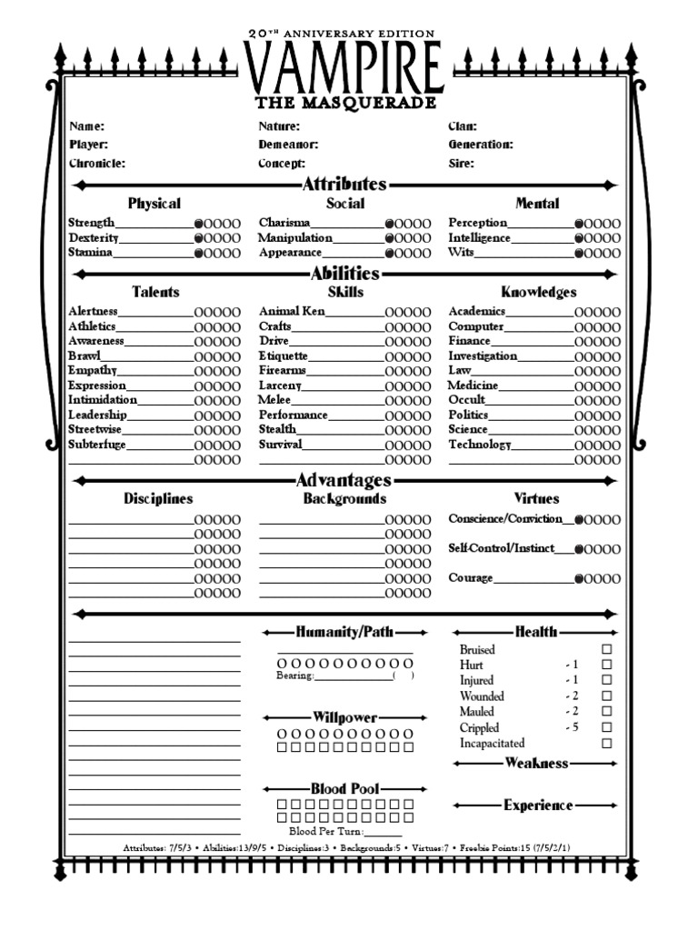 Vampire - The Masquerade 20th Aniversary Character Sheet | PDF