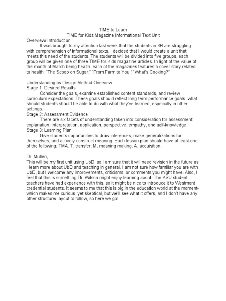 Time To Learn Ubd Unit Plan | PDF | Learning | Lesson Plan