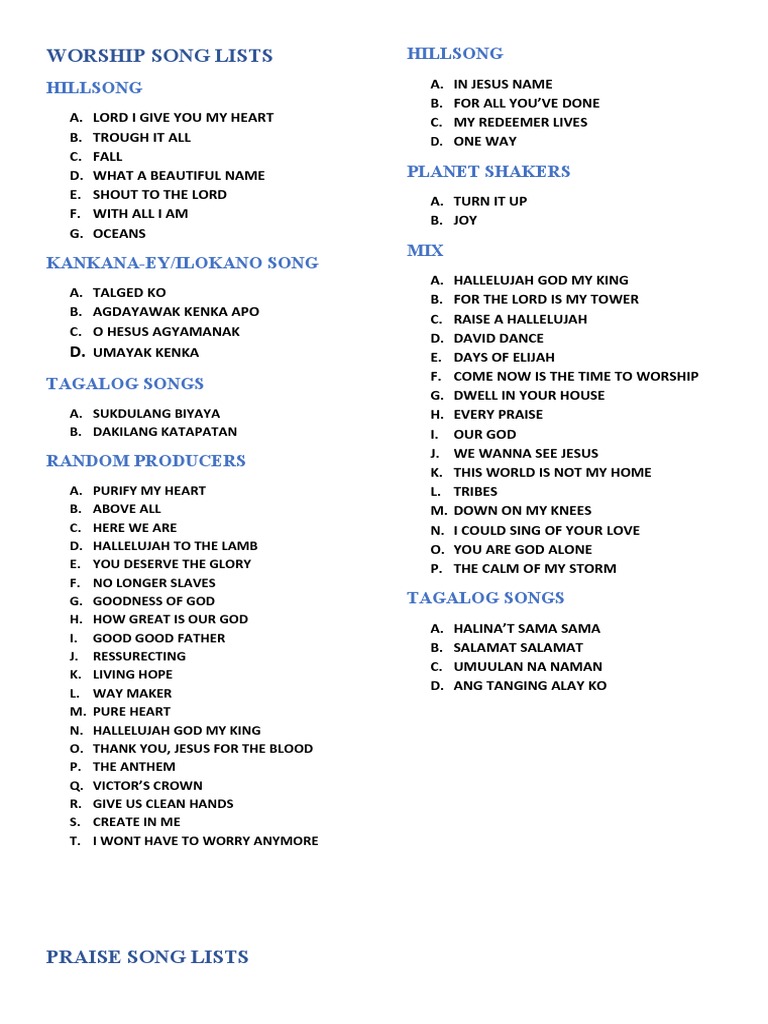 Worship Song Lists | PDF