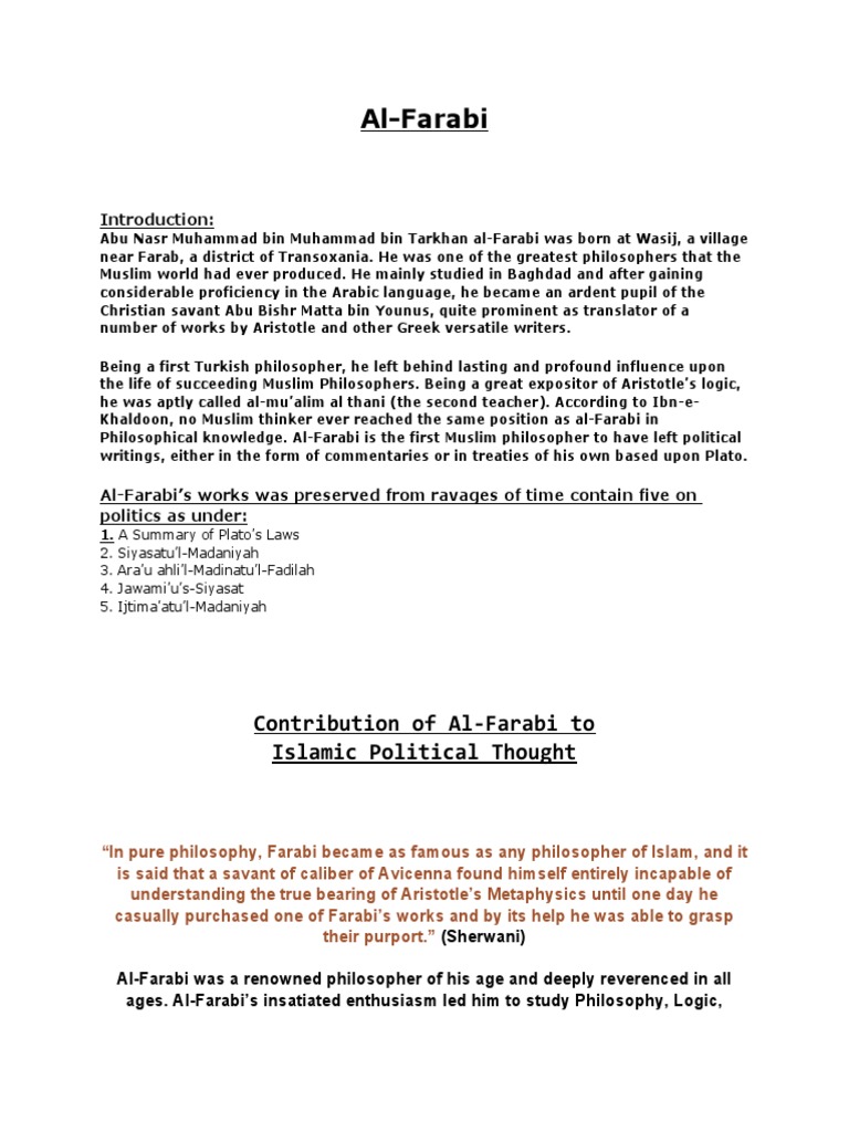 Al-Farabi's Influence on Islamic Philosophy | PDF | Metaphysics | Philosophical Theories