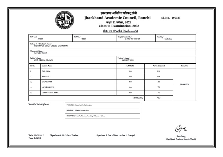 Class 11 Marksheet - JAC 2022 | PDF