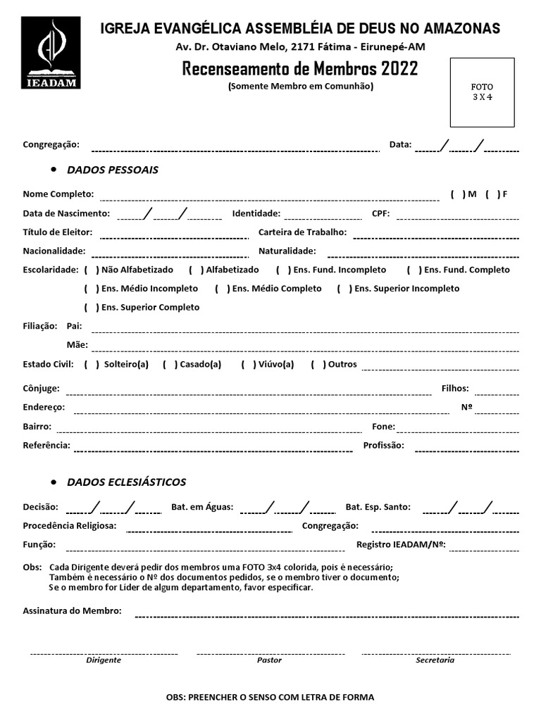 FORMULÁRIO DE RECENSEAMENTO | PDF | Organizações cristãs