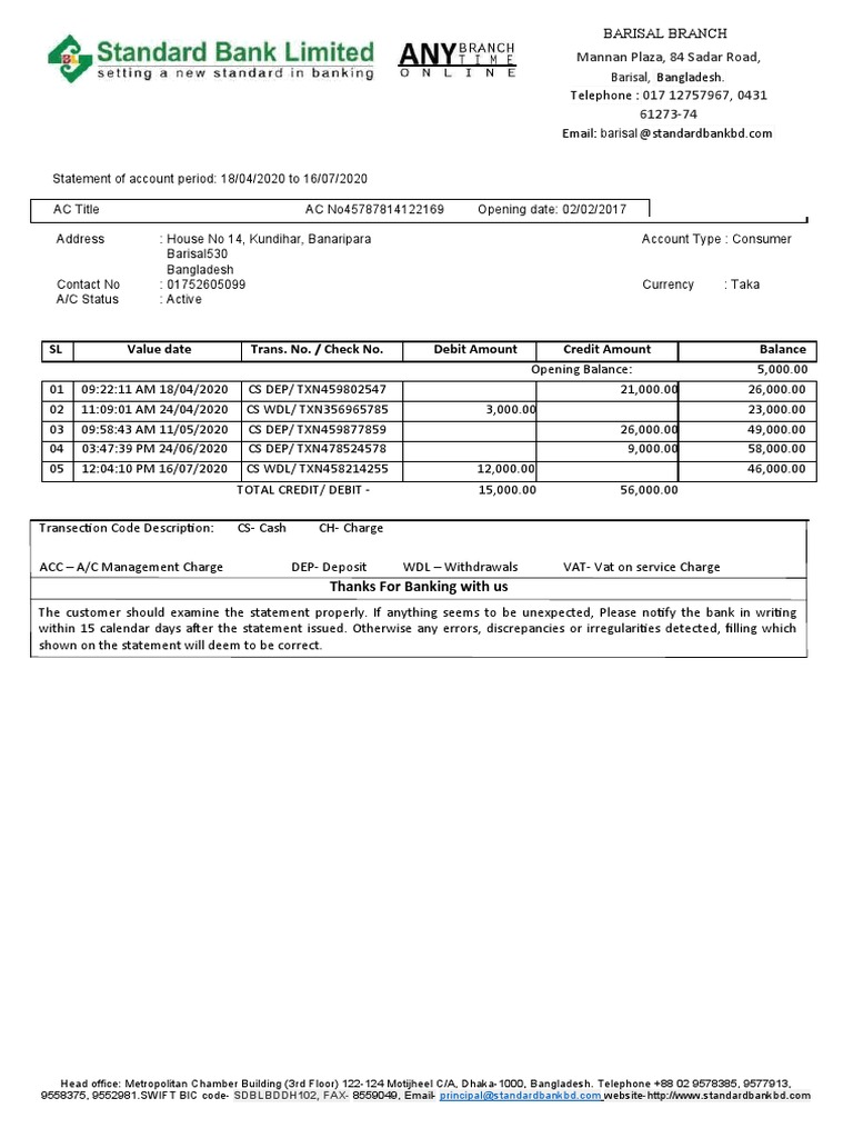 Standard Bank statement summary for period 18/04/2020 to 16/07/2020 ...