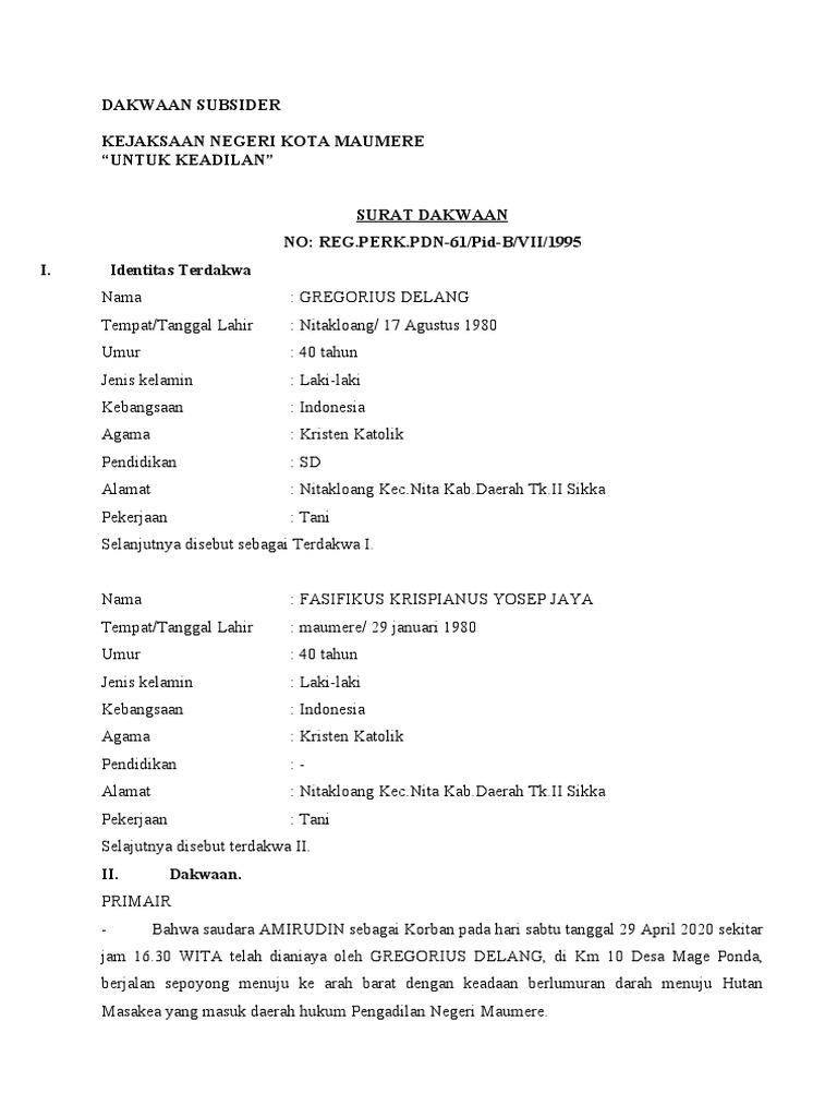 Surat Dakwaan Subsider Kasus Pembunuhan | PDF
