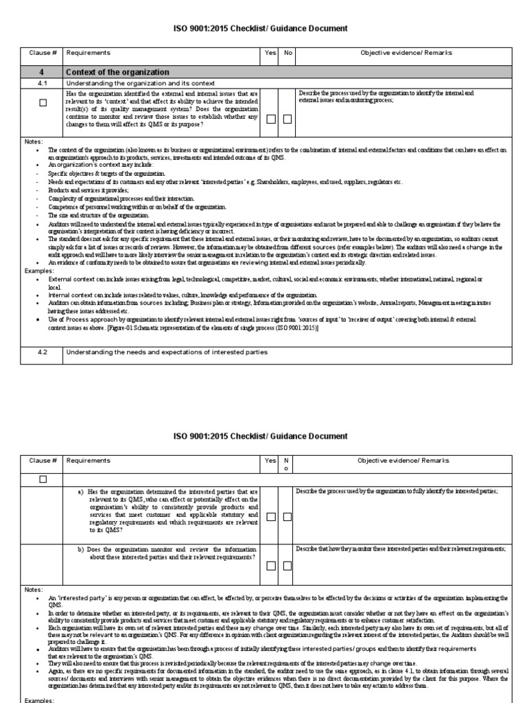 ISO9001 2015 Checklist Guidance | PDF | Quality Management System | Iso ...