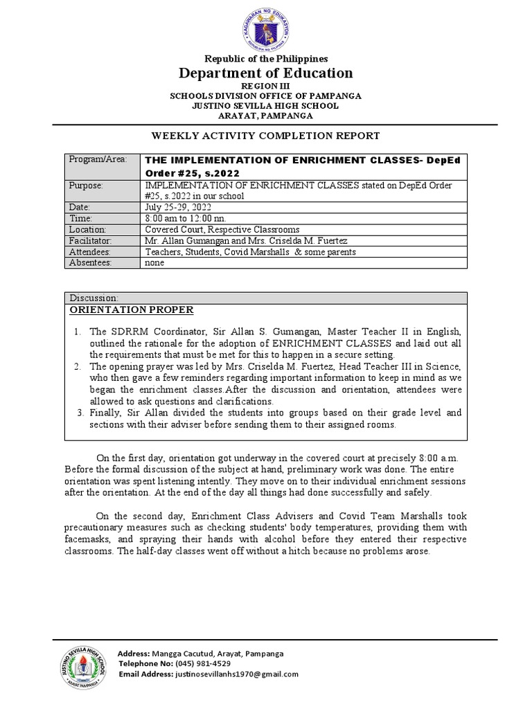 Implementation of Enrichment Classess | PDF