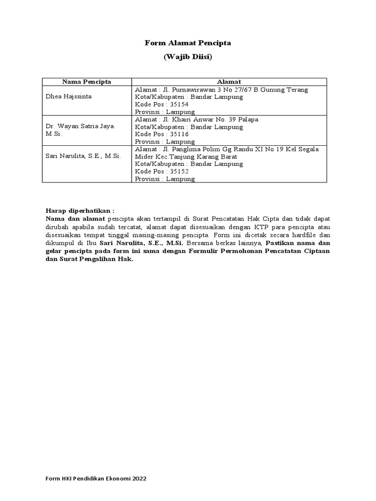 Form-Alamat-para-Pencipta-1 | PDF