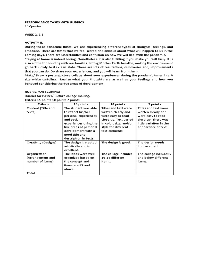 Performance Task With Rubrics | PDF | Essays | Mind