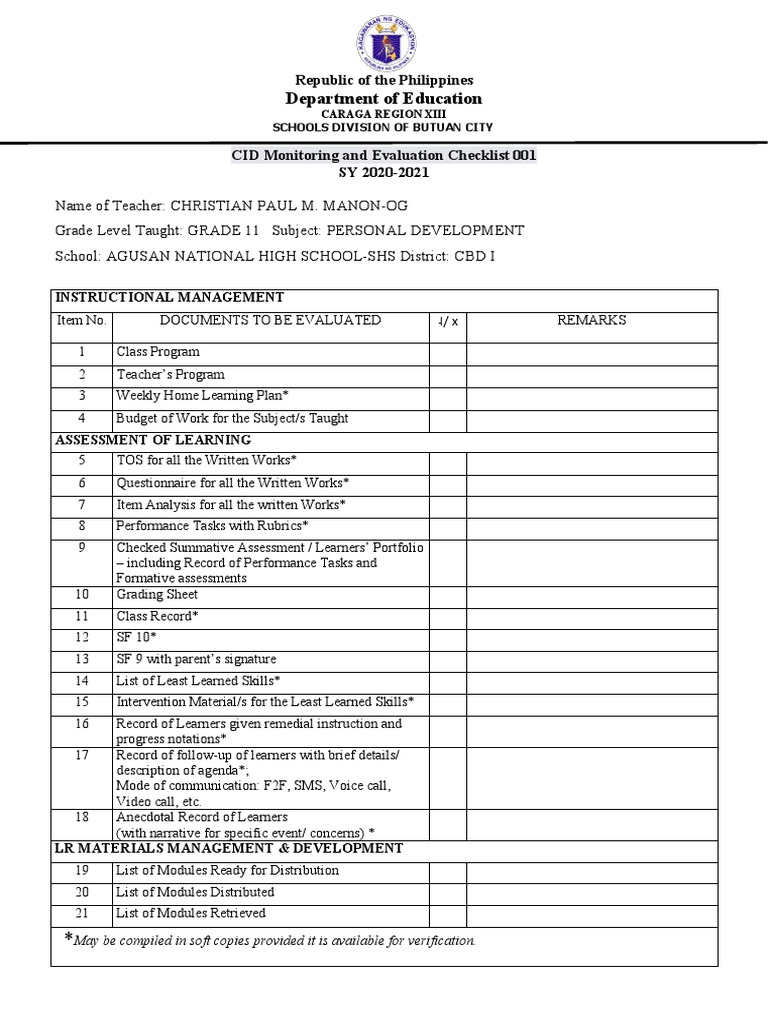 Teacher Evaluation Checklist for Grade 11 | PDF | Behavior Modification ...