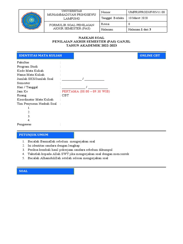 Soal PAS CBT ONLINE GANJIL 2022-2023 Nama Prodi Nama MK Nama Koordinator | PDF