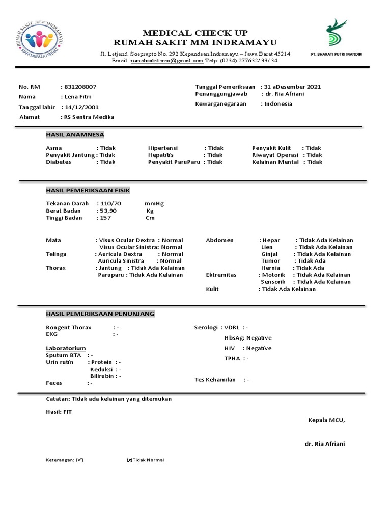 Contoh Hasil Medical Check Up Lengkap | PDF