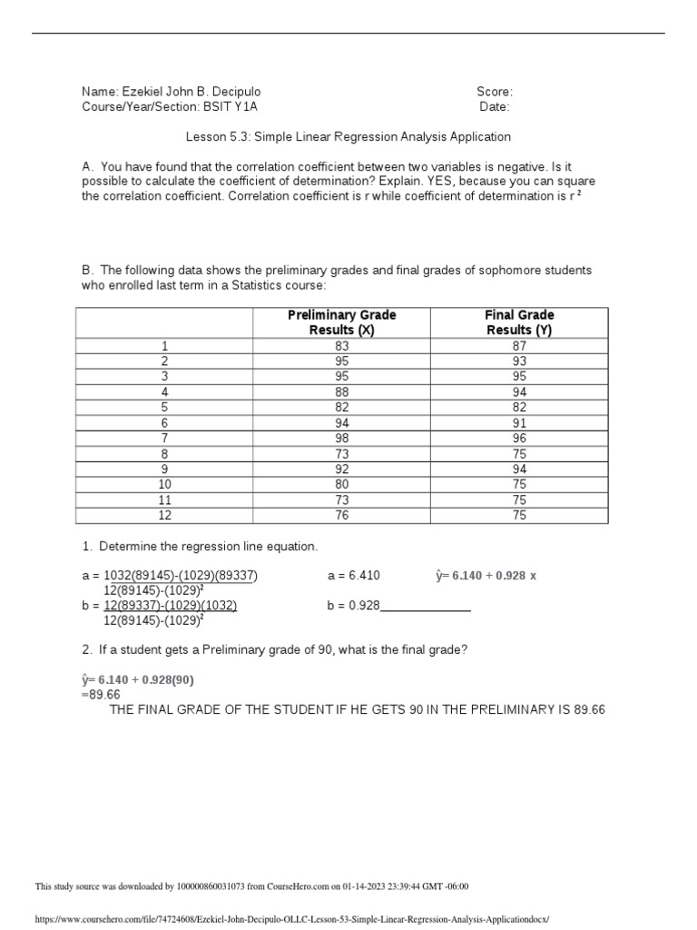 Simple Linear Regression Analysis | PDF | Linear Regression | Coefficient Of Determination