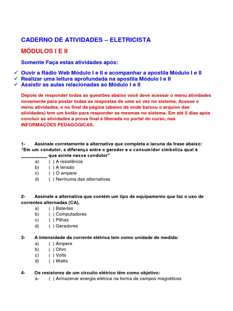 Atividades sobre fundamentos de eletricidade para eletricistas dos Módulos I e II | PDF