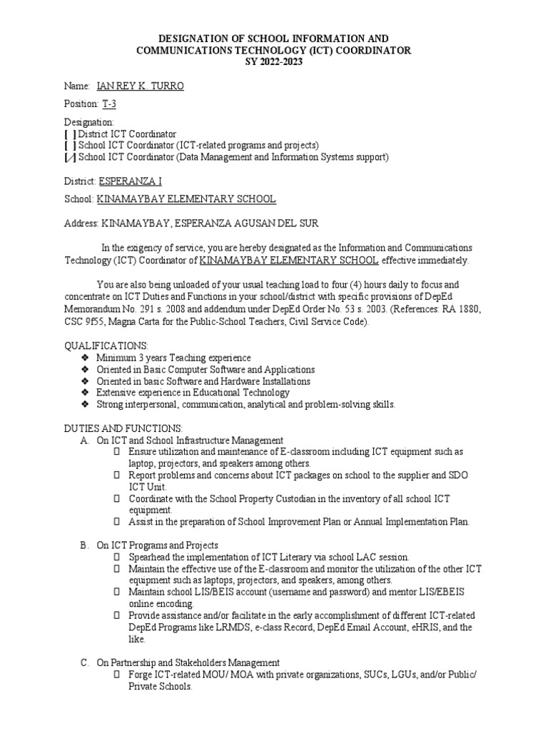 Designation of School ICT Coordinators PDF | PDF | Information Technology | Information And ...