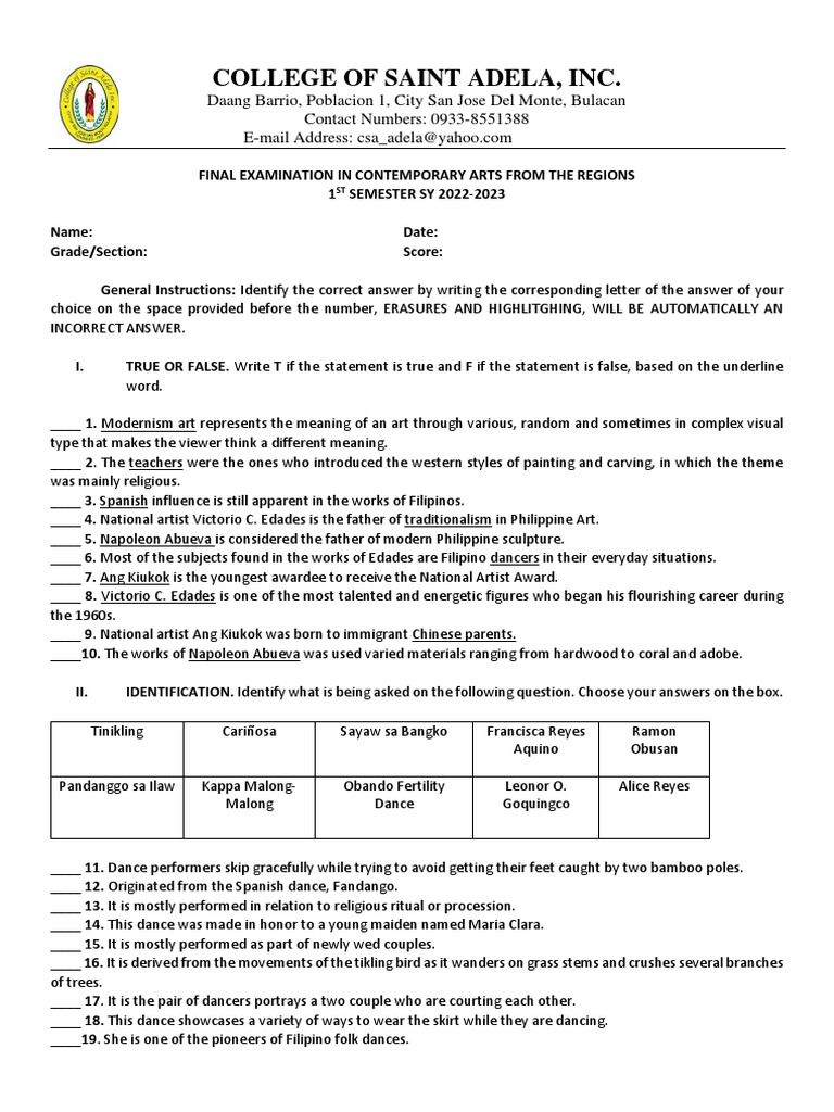 Final Exam: Contemporary Arts 2022-2023 | PDF | Dances | Philippines