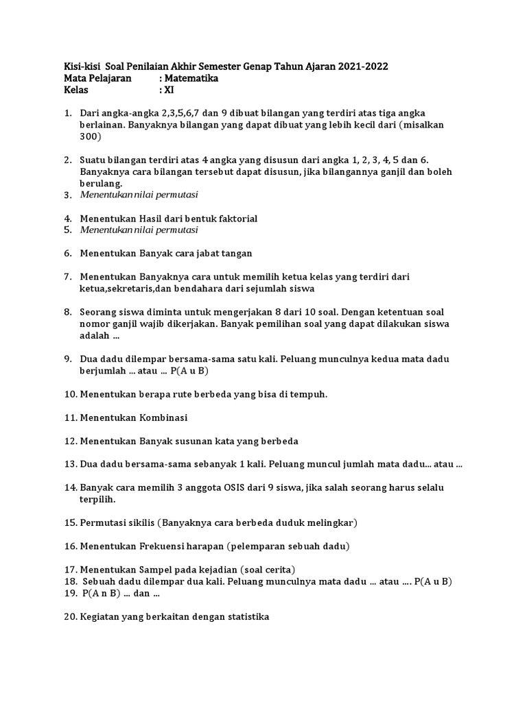 Kisi-kisi Soal PAS Matematika Kelas XI | PDF