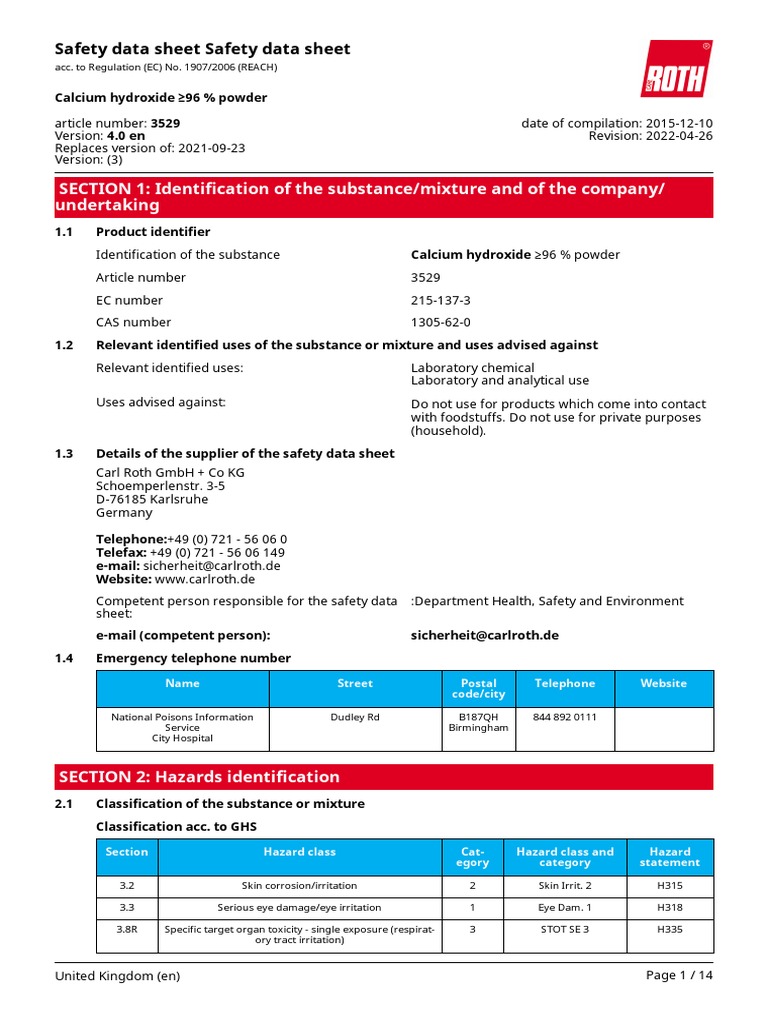 DATA MSDS Calcium Hydroxide | PDF | Dangerous Goods | Toxicity
