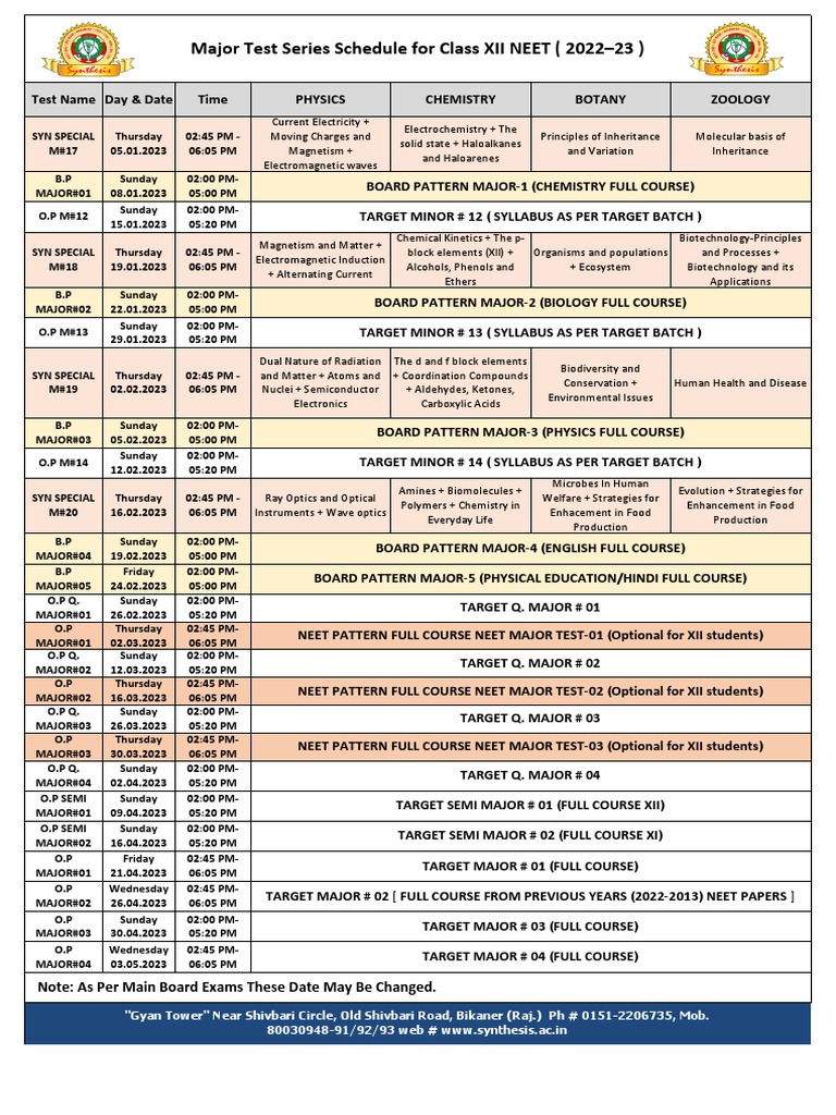 Major Test Schedule for Class XII | PDF | Chemistry | Physics