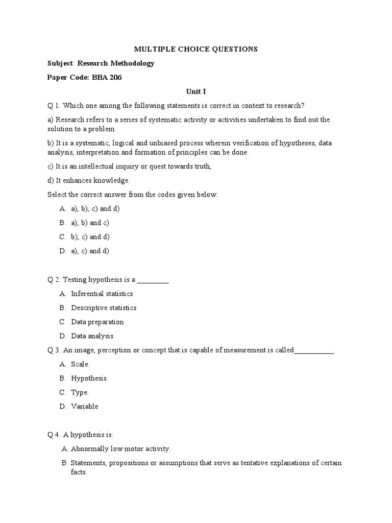 RM 240 MCQs BBAIV Sakshi 60 MCQs Each Units | PDF | Sampling (Statistics) | Hypothesis