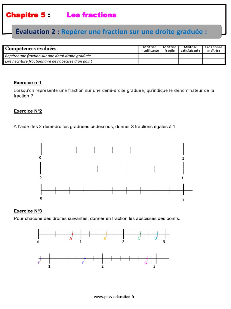 Evaluation Repérer Une Fraction Sur Une Droite Graduée 6ème Les ...