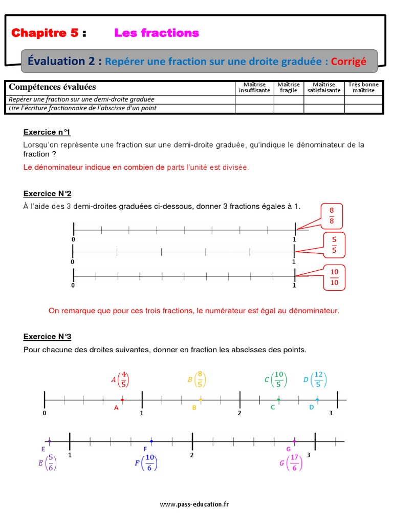 Evaluation Repérer Une Fraction Sur Une Droite Graduée 6ème Les ...